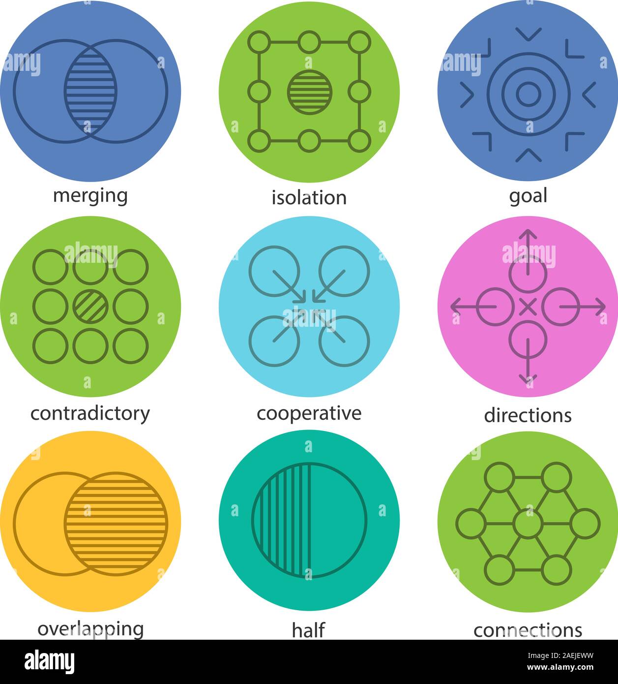 Abstract symbols linear icons set. Merging, isolation, goal ...