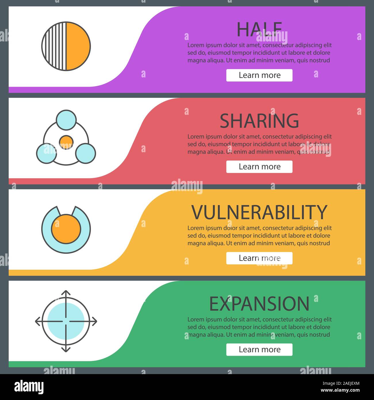Abstract symbols web banner templates set. Half, sharing, vulnerability ...