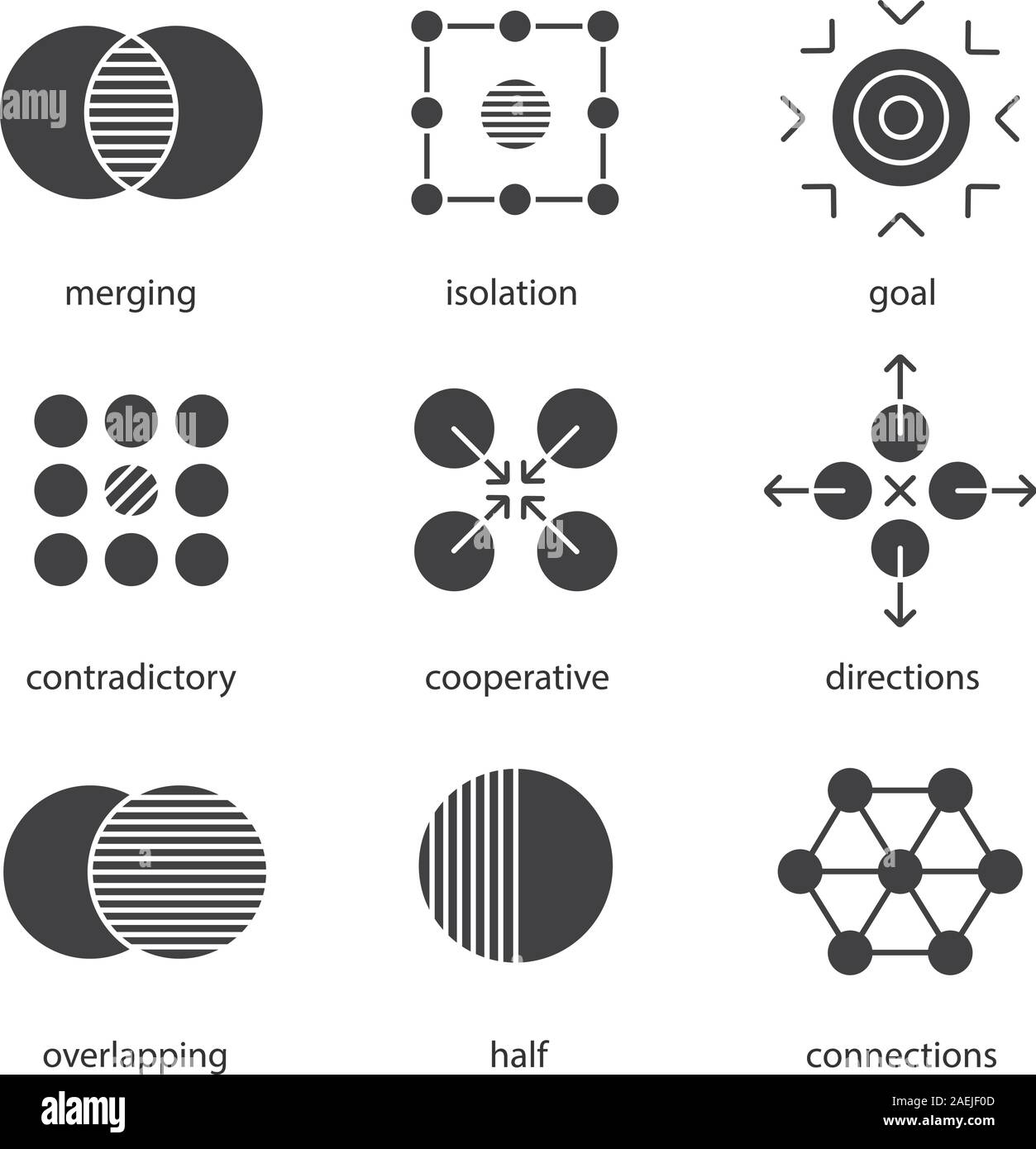 Abstract symbols glyph icons set. Silhouette symbols. Merging ...