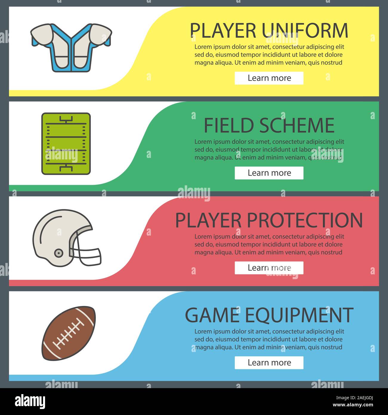 American football web banner templates set. Shoulder pad, field scheme ...
