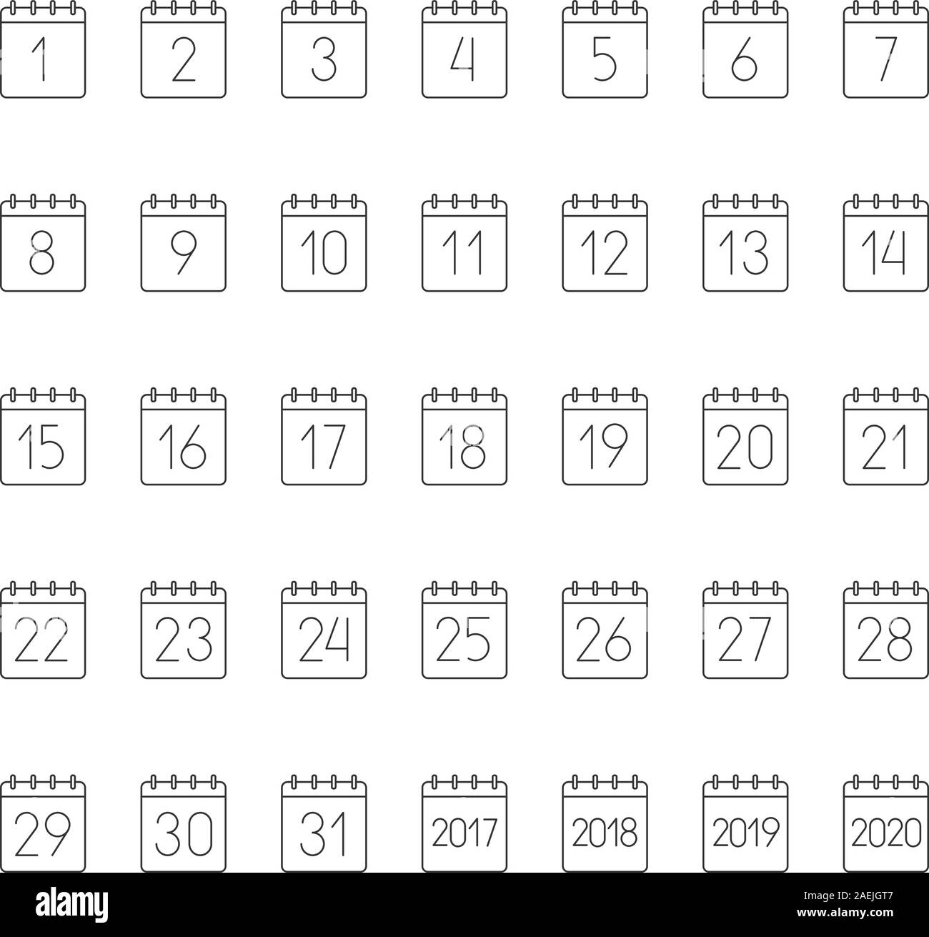 Month calendar linear icons set. Dates. Days of months Thin line ...