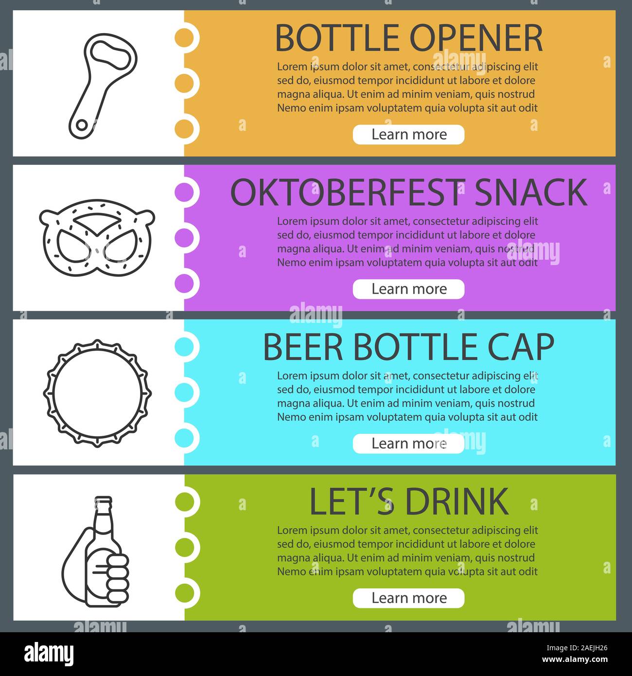 Beer web banner templates set. Beer bottle opener and cap, brezel ...