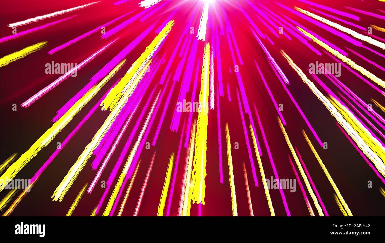 Computer generated fast flight of light stripes from the upper side. 3d ...