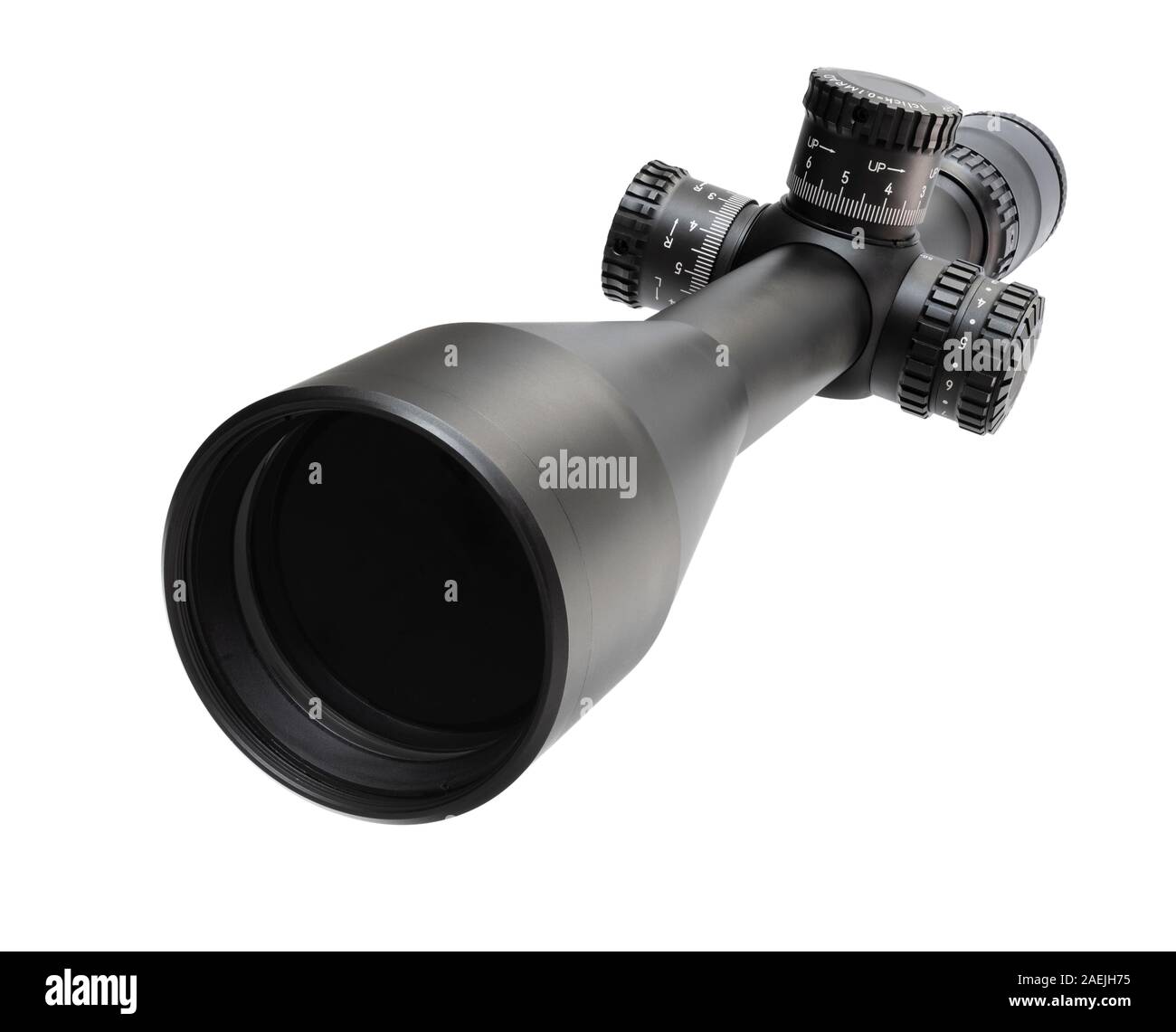Large objective sniper scope on a white background Stock Photo - Alamy
