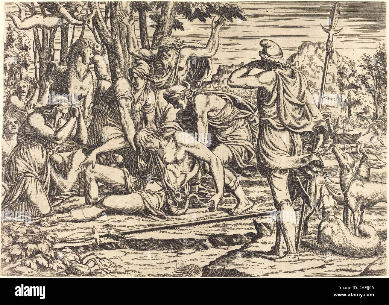 An engraving by Léon Davent after Luca Penni depicting the Death of ...
