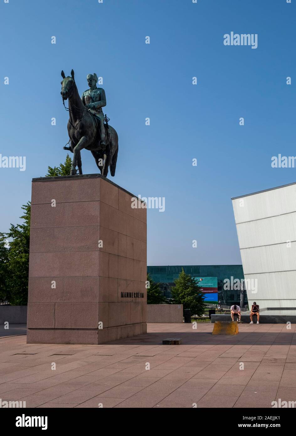 Equestrian statue of Carl Gustaf Emil Mannerheim in front of the Kiasma ...