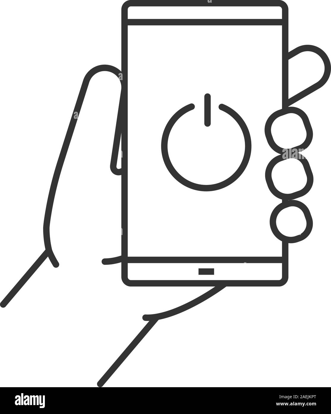 Hand holding smartphone linear icon. Thin line illustration. Turn off ...