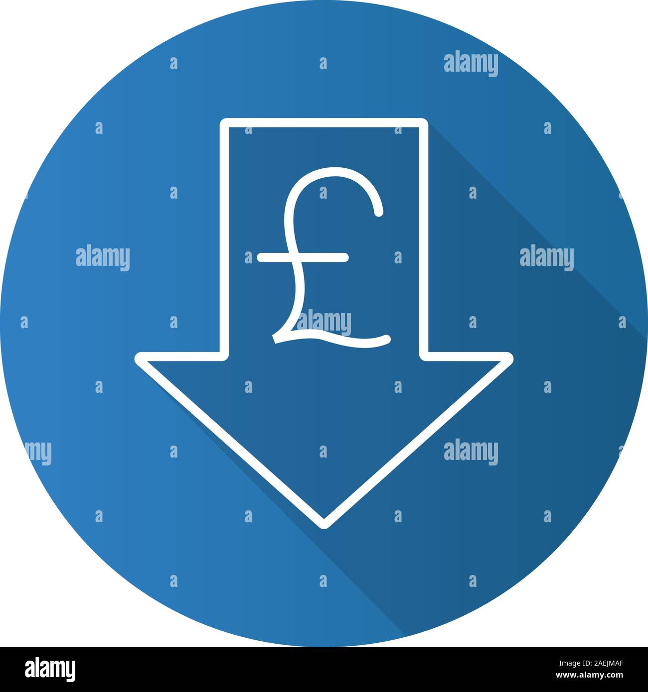 Pound rate falling flat linear long shadow icon. Great Britain pound with down arrow. Vector ...