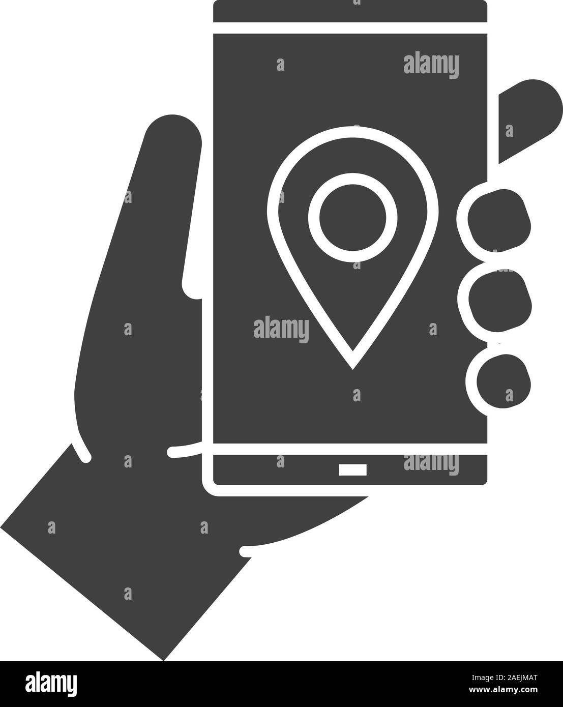 Hand holding smartphone glyph icon. Silhouette symbol. Smartphone gps ...