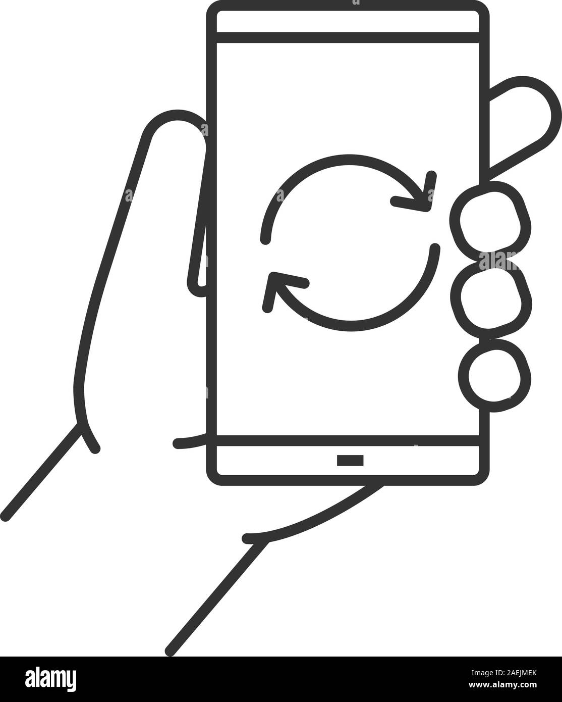 Hand holding smartphone linear icon. Thin line illustration. Smart ...