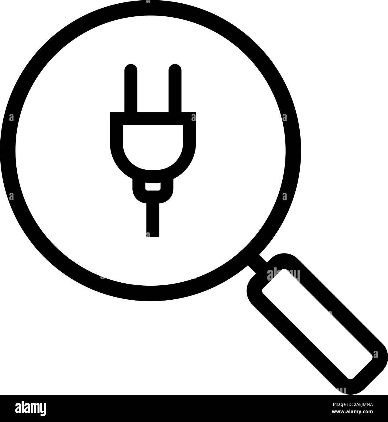 Magnifying glass with plug linear icon. Thin line illustration. Search ...