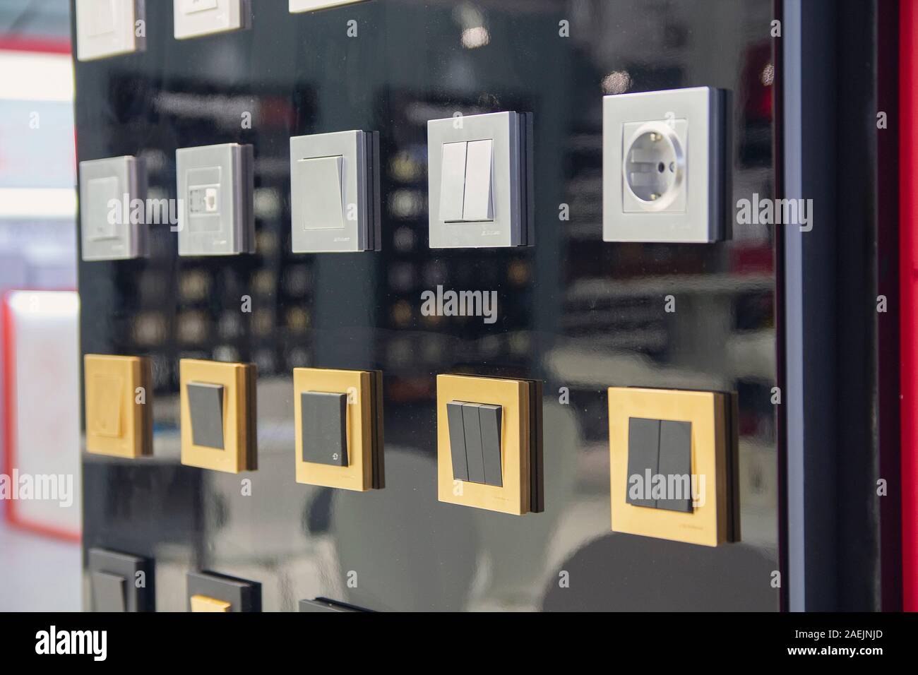 Electrical household switches on the stand in the store. Sale Stock ...