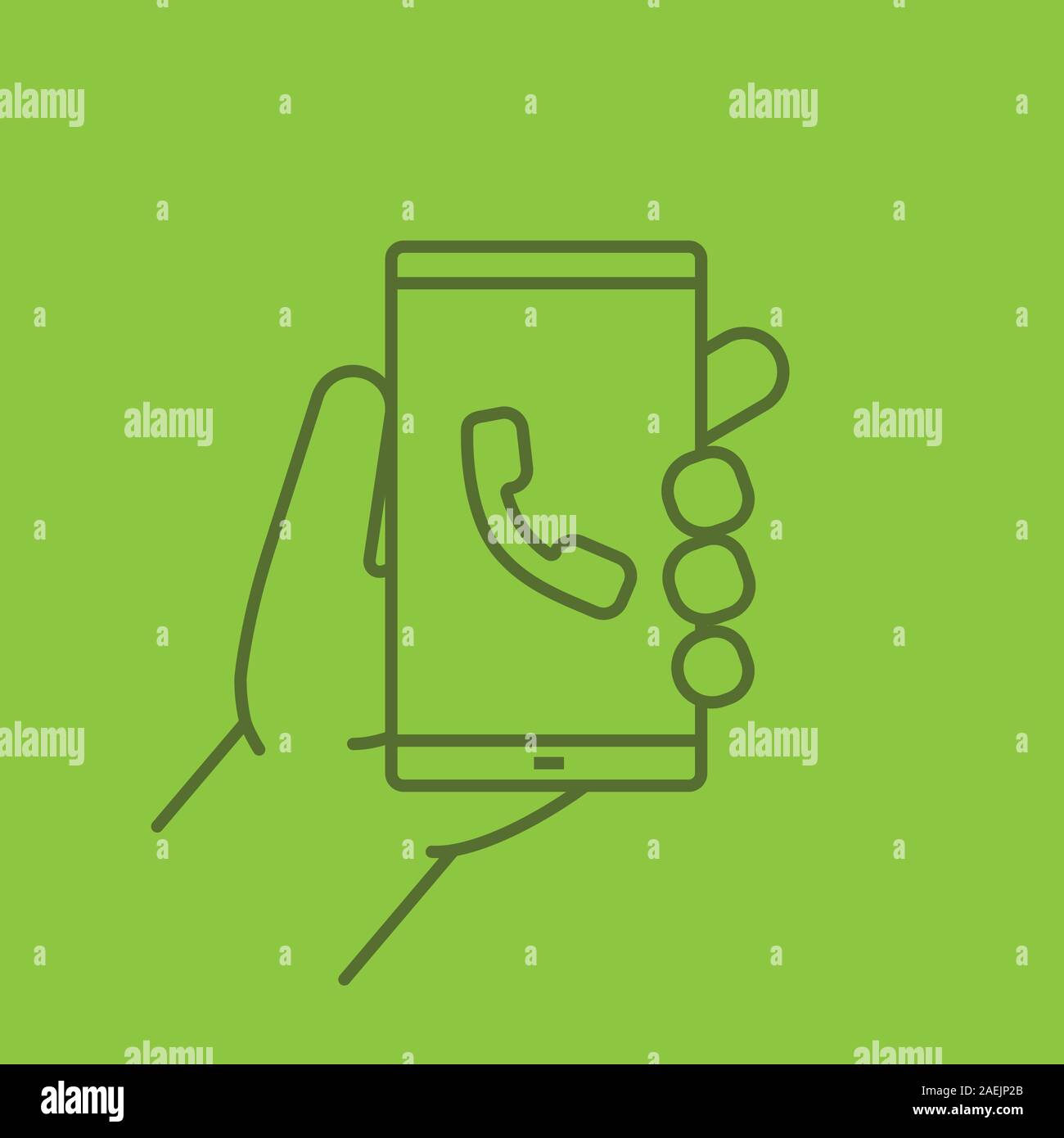 Hand holding smartphone color linear icon. Smart phone incoming call ...