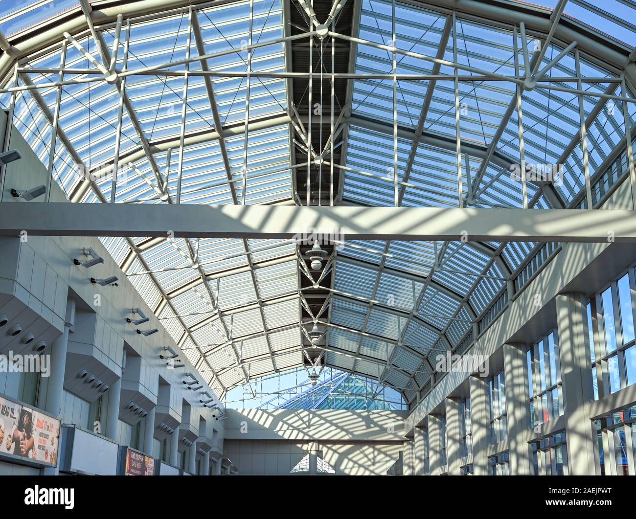 BIRMINGHAM, ENGLAND - DECEMBER 2019: The roof structure in one of the ...