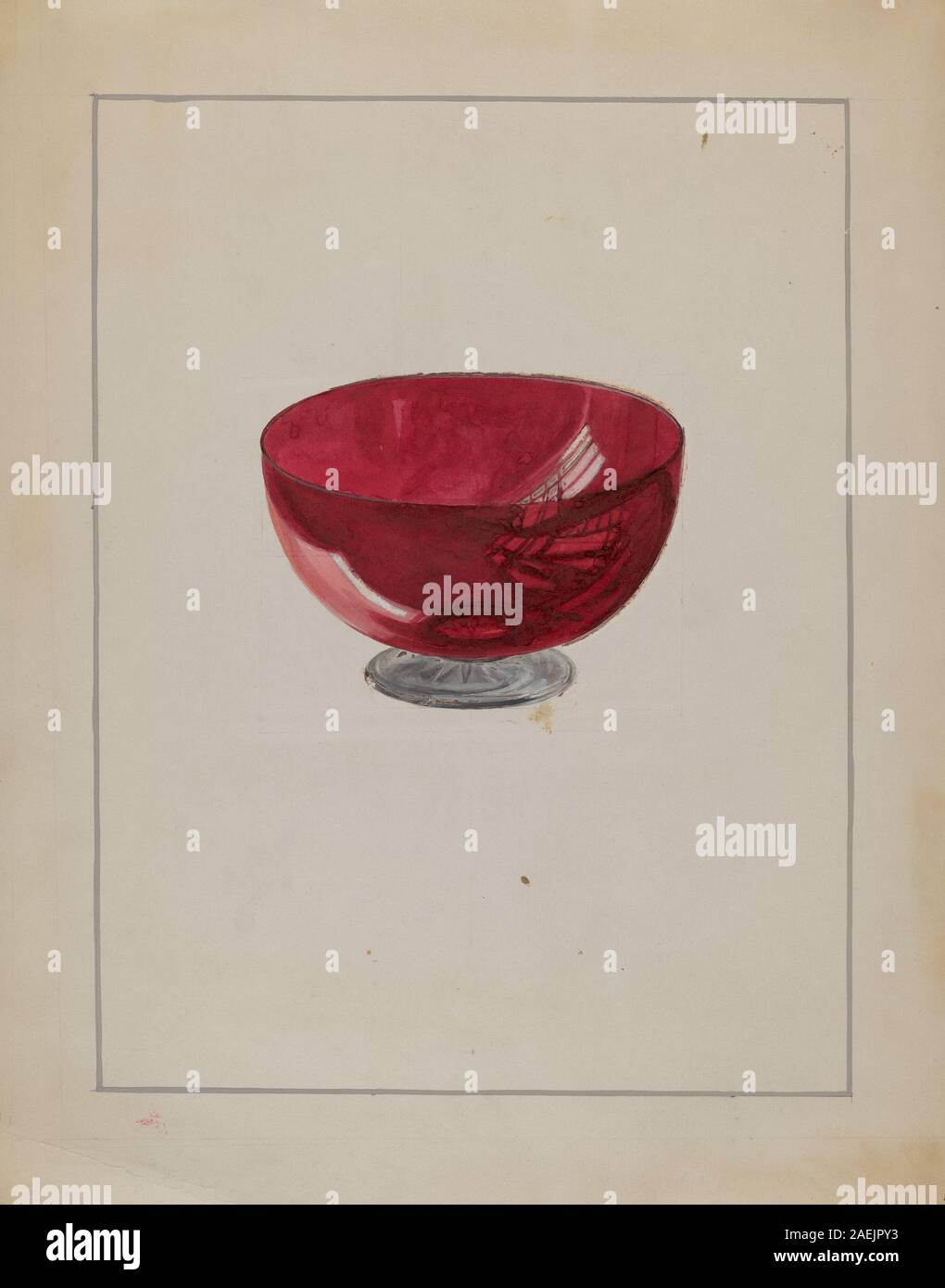 Glasswork by Marcus Moran from circa 1936 depicting a ruby-colored bowl ...