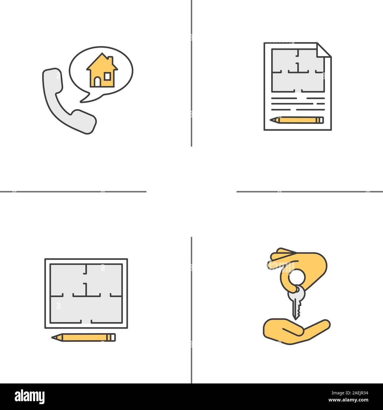 Real estate color icons set. Floor plans, phone rental house reserve ...