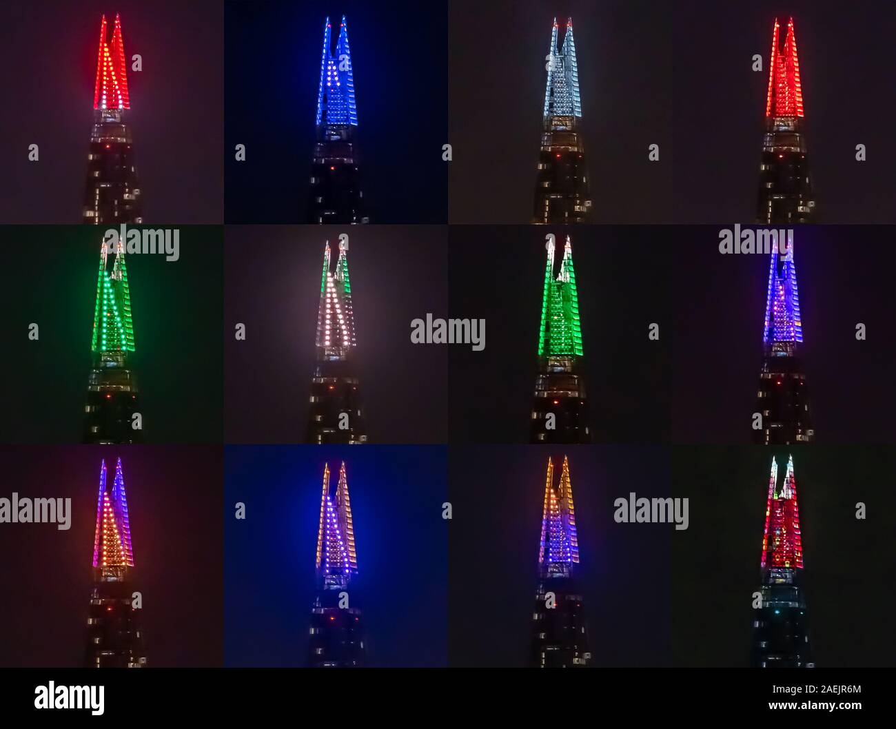 London, UK. 9th December 2019. The Shard Lights: The top 20 storeys of ...