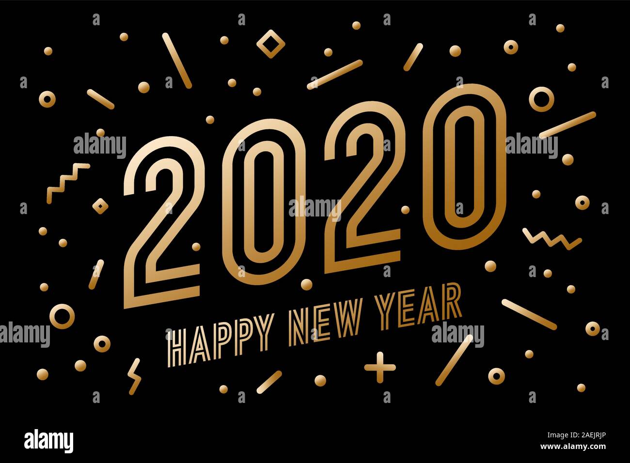 Happy New Year 2020 card. Gift boxes, bottle, glasses, Christmas sock ...