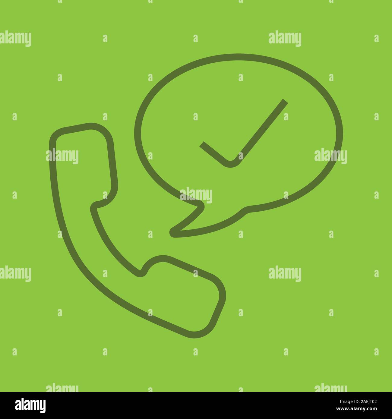 Confirmation by phone linear icon. Handset with tick mark inside speech ...