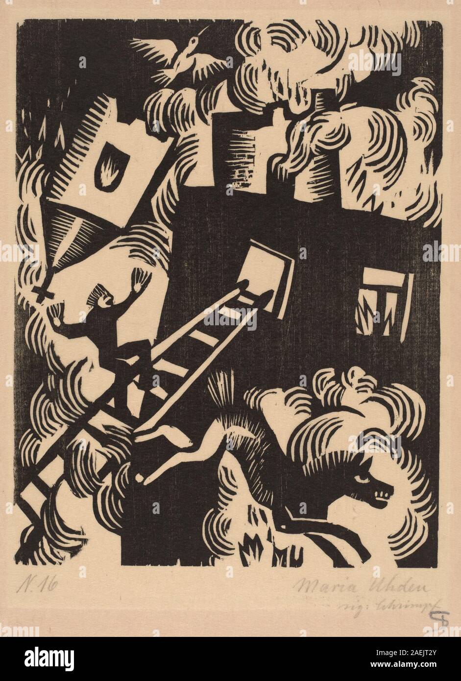 A woodcut by Maria Uhden, 1918, depicting a burning house on Japanese ...
