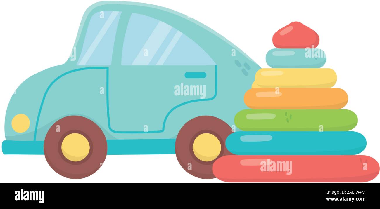 kids toy, blue car and rubber pyramid toys on white background vector ...