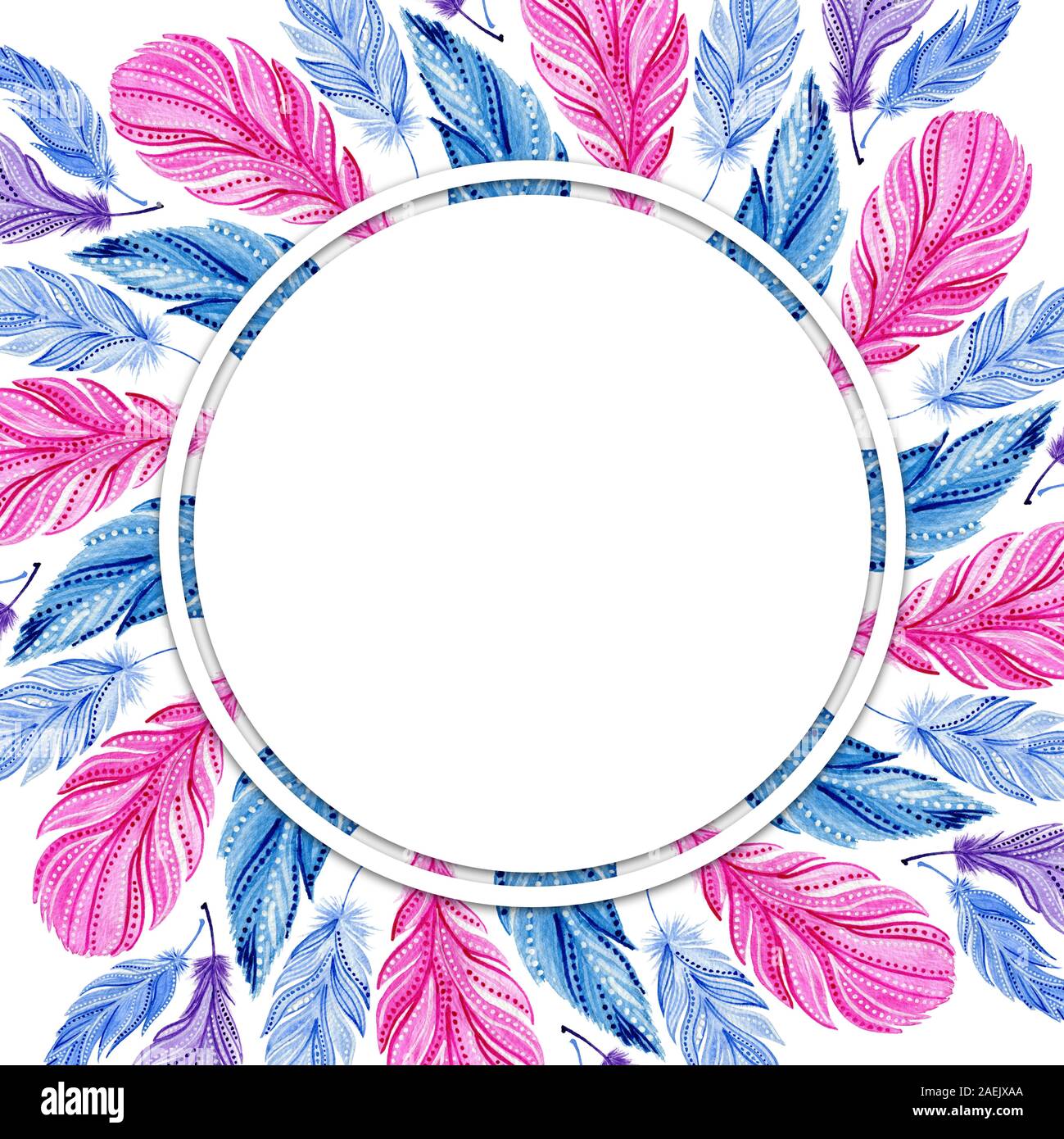 Watercolor feathers . Boho style frame. Hand-drawn circular pattern Stock Photo - Alamy