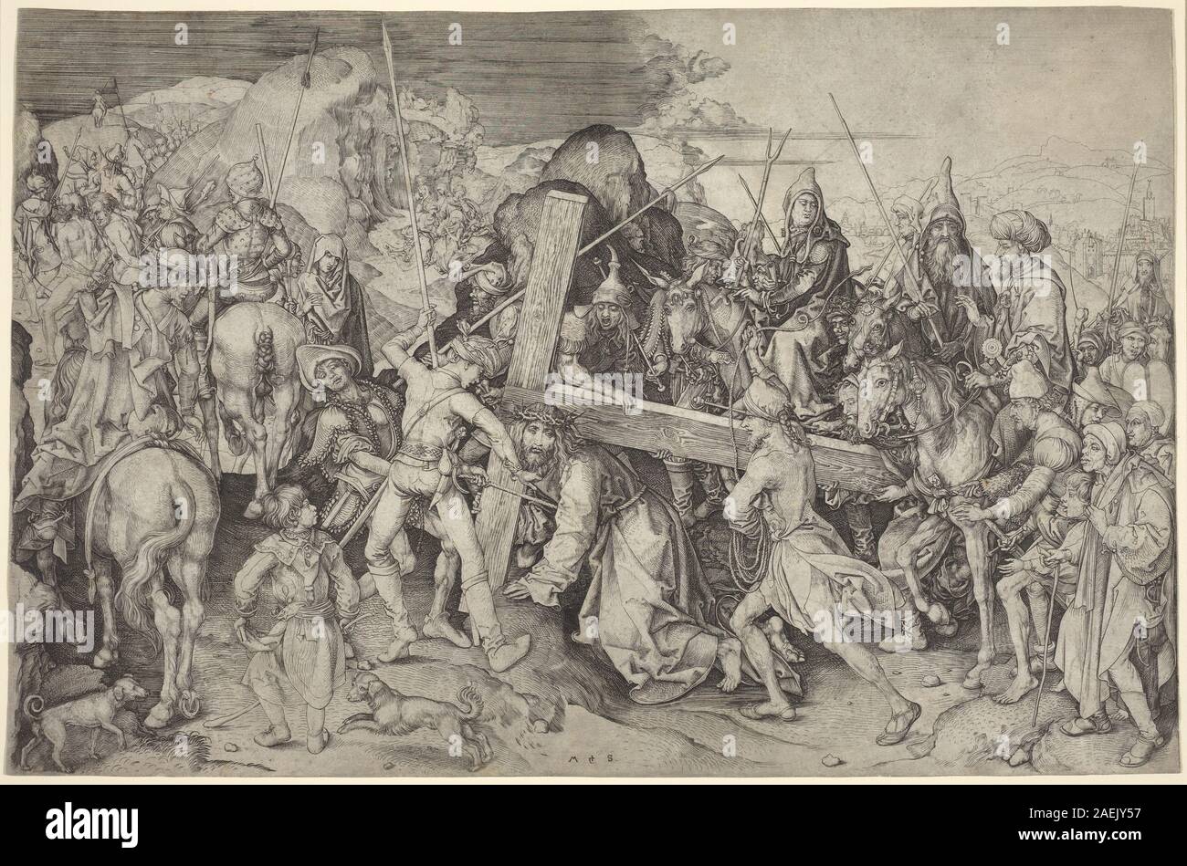 This engraving by Martin Schongauer depicts Christ carrying the cross ...