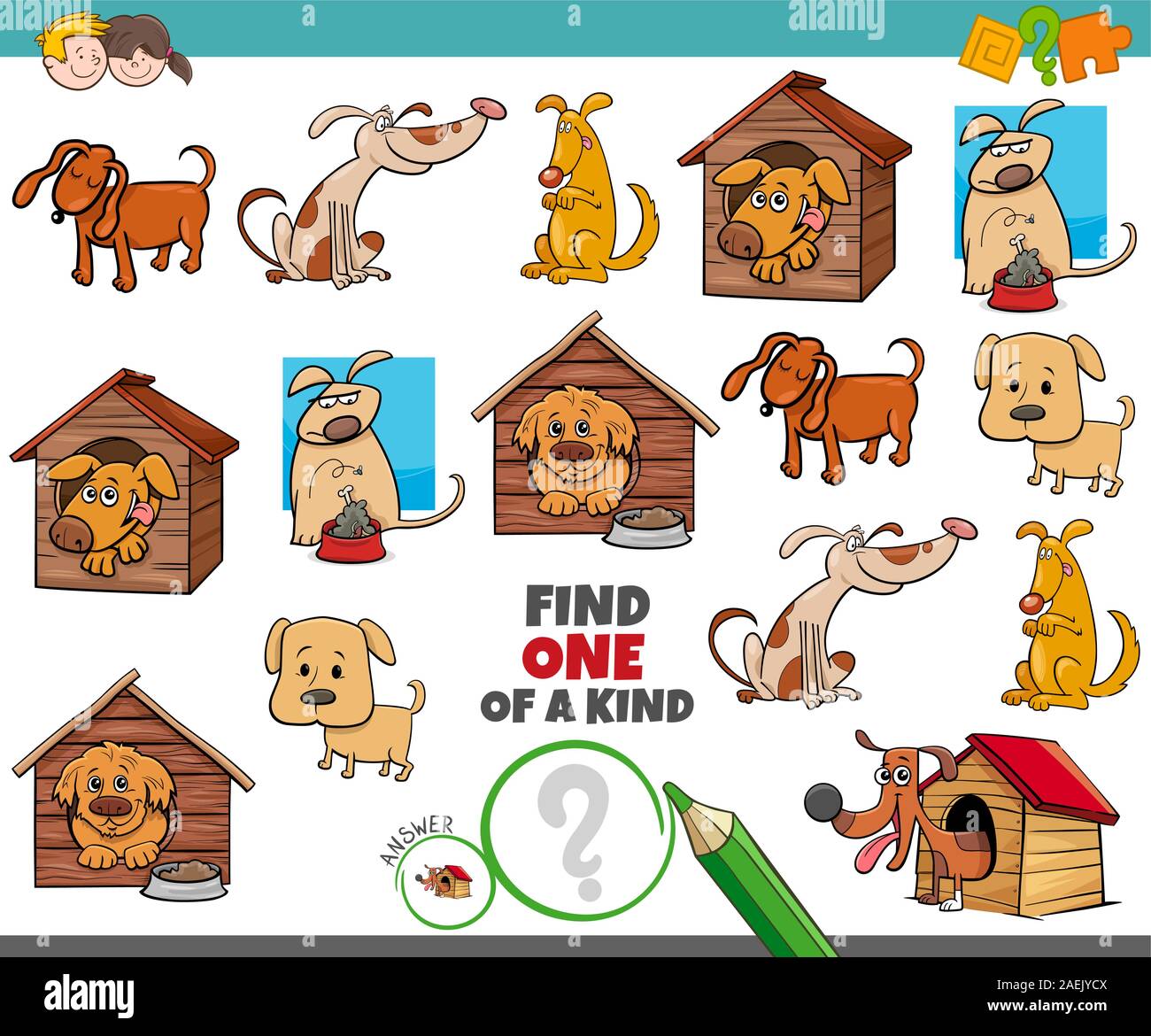 Cartoon Illustration of Find One of a Kind Picture Educational Game ...