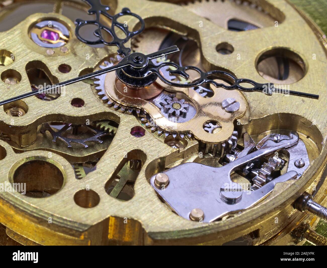 close up frontside of clockwork mechanism of a golden pocket watch ...