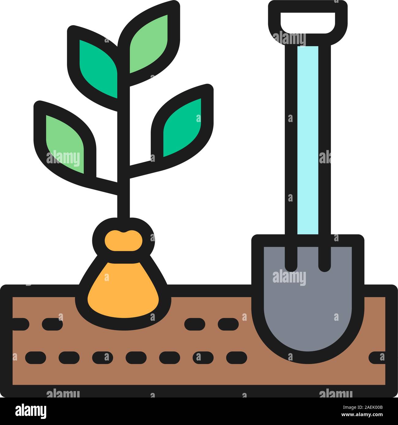 Digging up plants, planting tree, trees with shovel flat color line ...