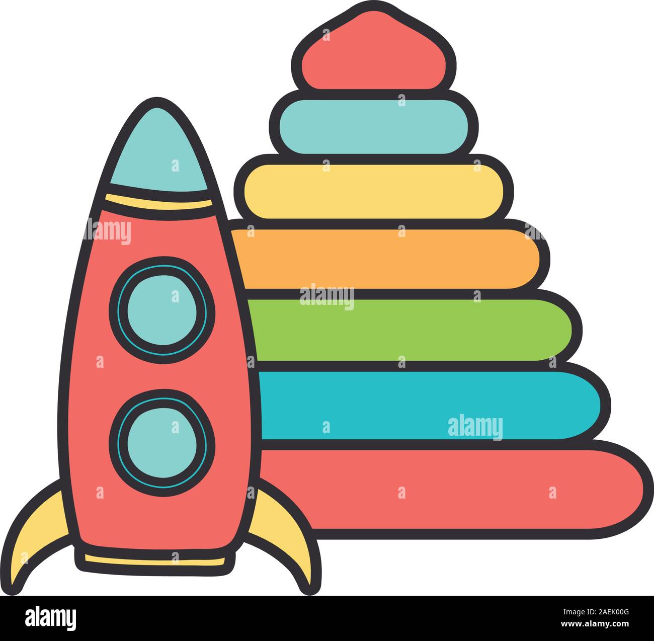 kids toy, plastic pyramid and rocket icons on white background vector ...
