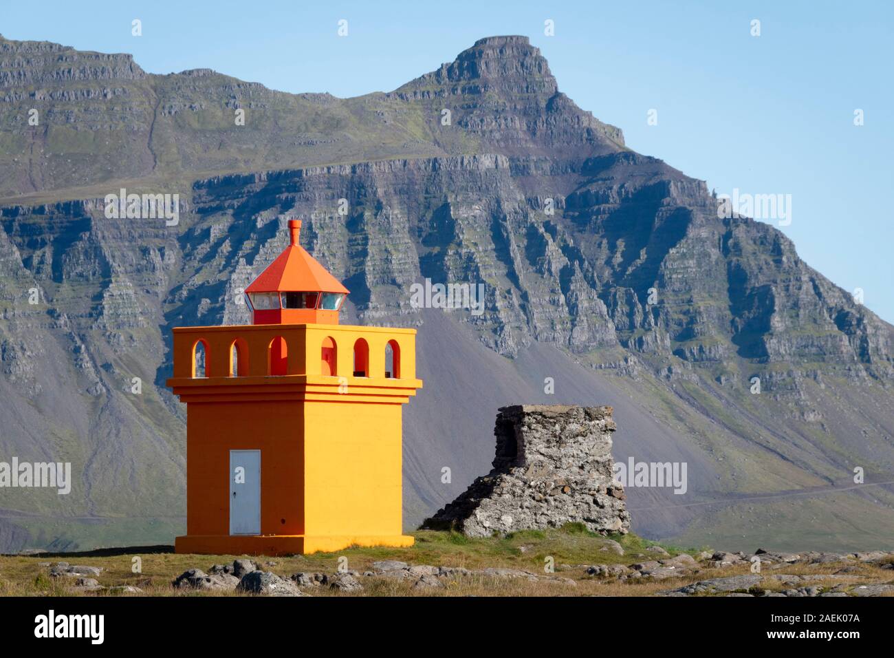 Orange lighthouse at Fáskrúðsfjörður, Iceland Stock Photo - Alamy