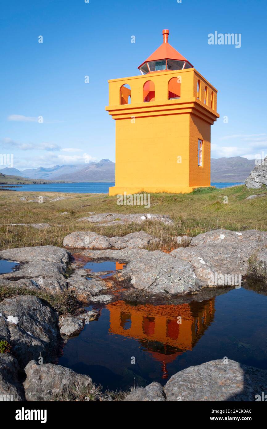 Orange lighthouse at Fáskrúðsfjörður, Iceland Stock Photo - Alamy