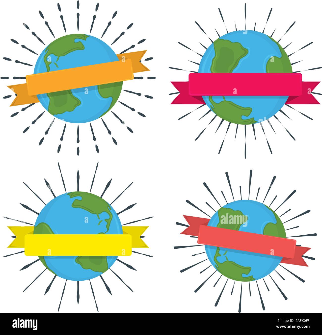 Set of Earth with Ribbon Label, Badge and Banner. Concept Sunburst ...