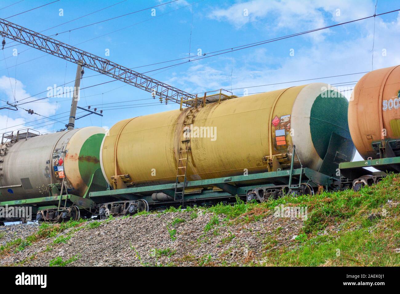 Set of tanks with oil and fuel transport by rail. Cargo train on the ...