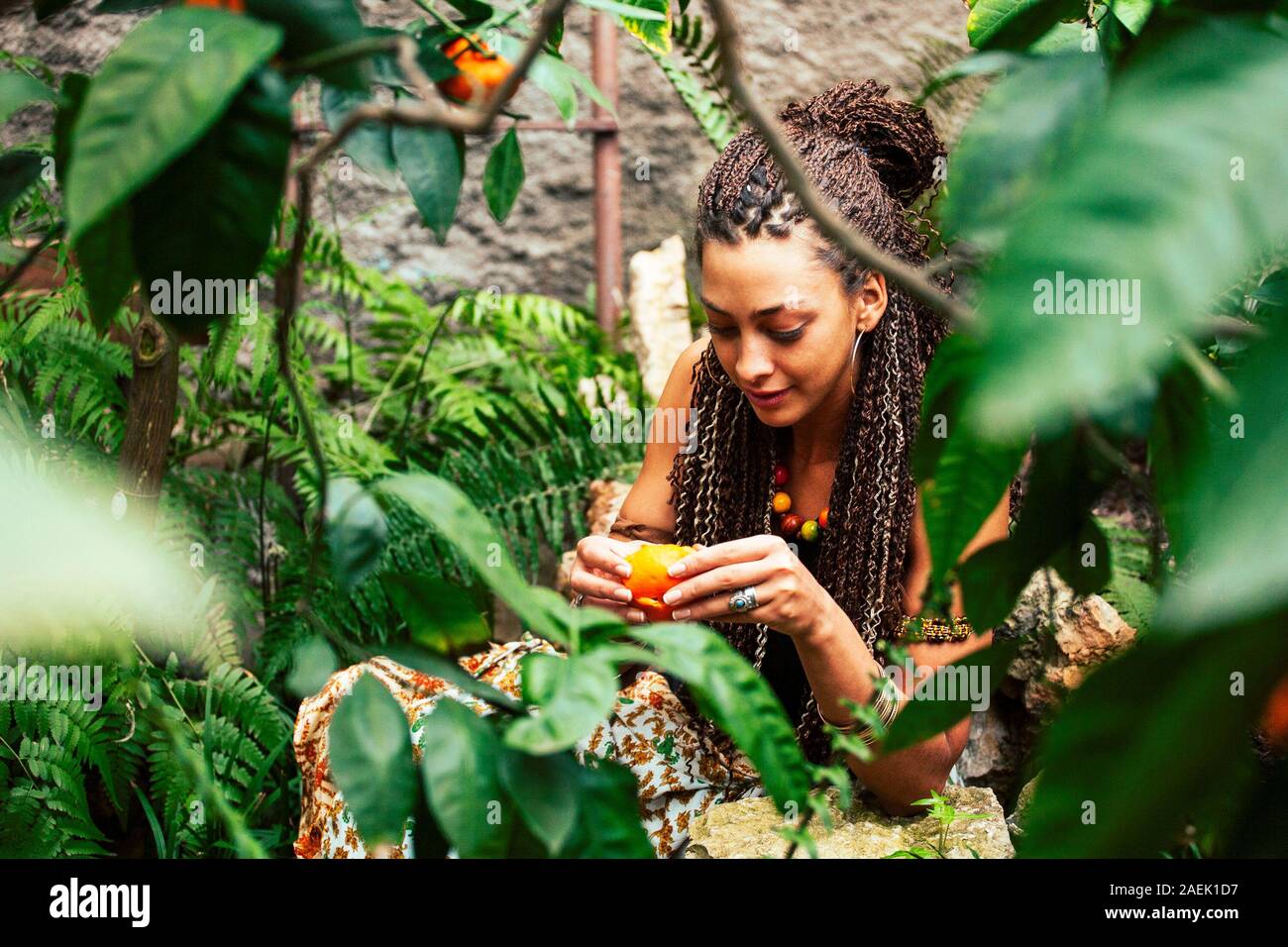 pretty islam woman in orange grove smiling, real muslim girl cheerful ...