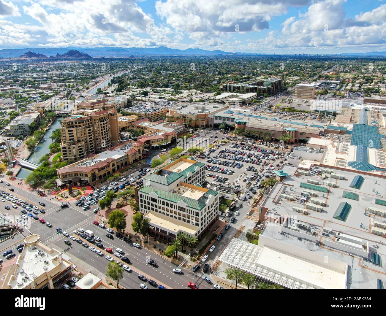Aerial view of mega shopping mall in Scottsdale, desert city in Arizona ...