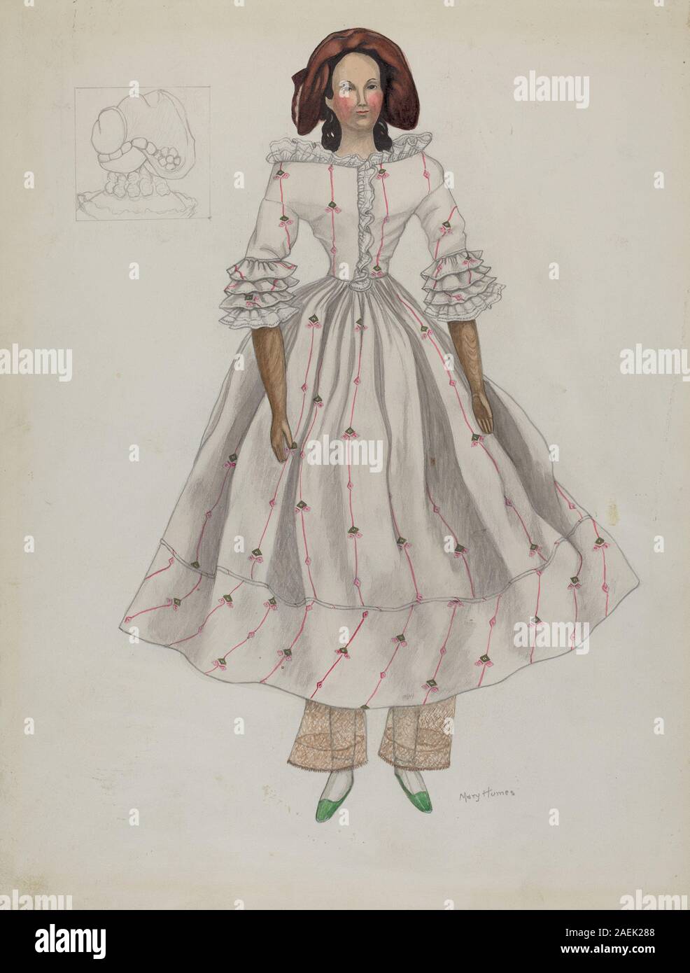 Doll made circa 1936 by Mary E Humes, constructed from textile, wood ...
