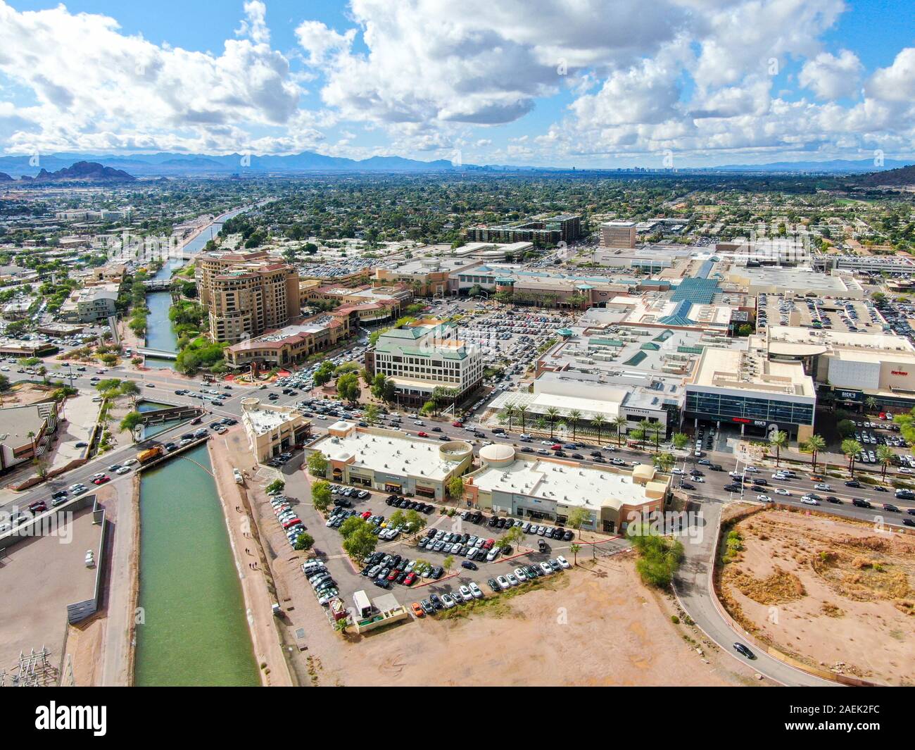 Aerial view of Scottsdale city with small river, desert city in Arizona ...