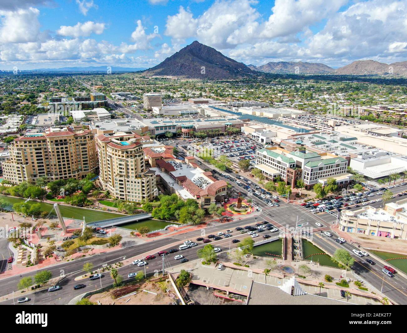 Aerial view of mega shopping mall in Scottsdale, desert city in Arizona ...
