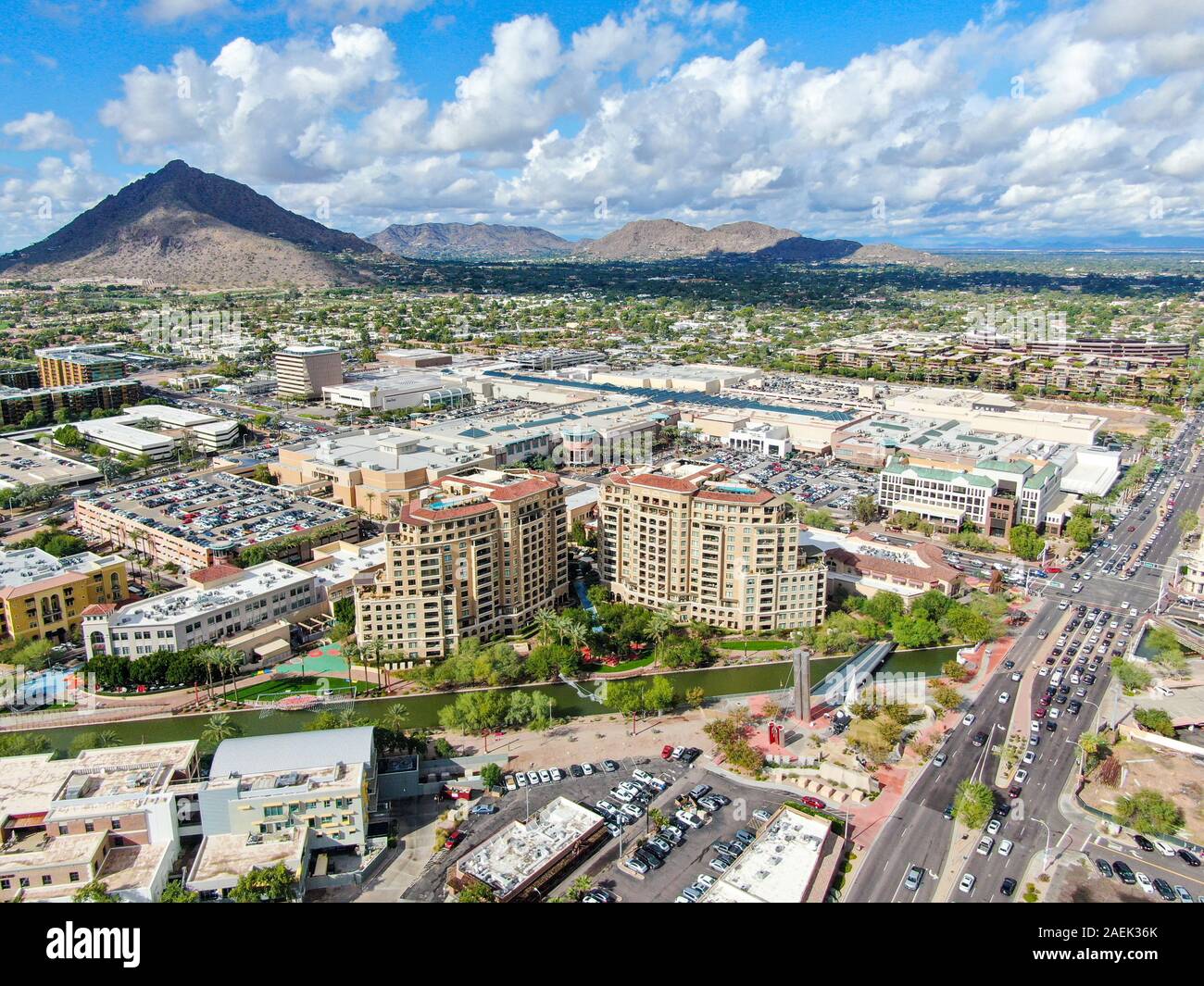 Aerial view of mega shopping mall in Scottsdale, desert city in Arizona ...