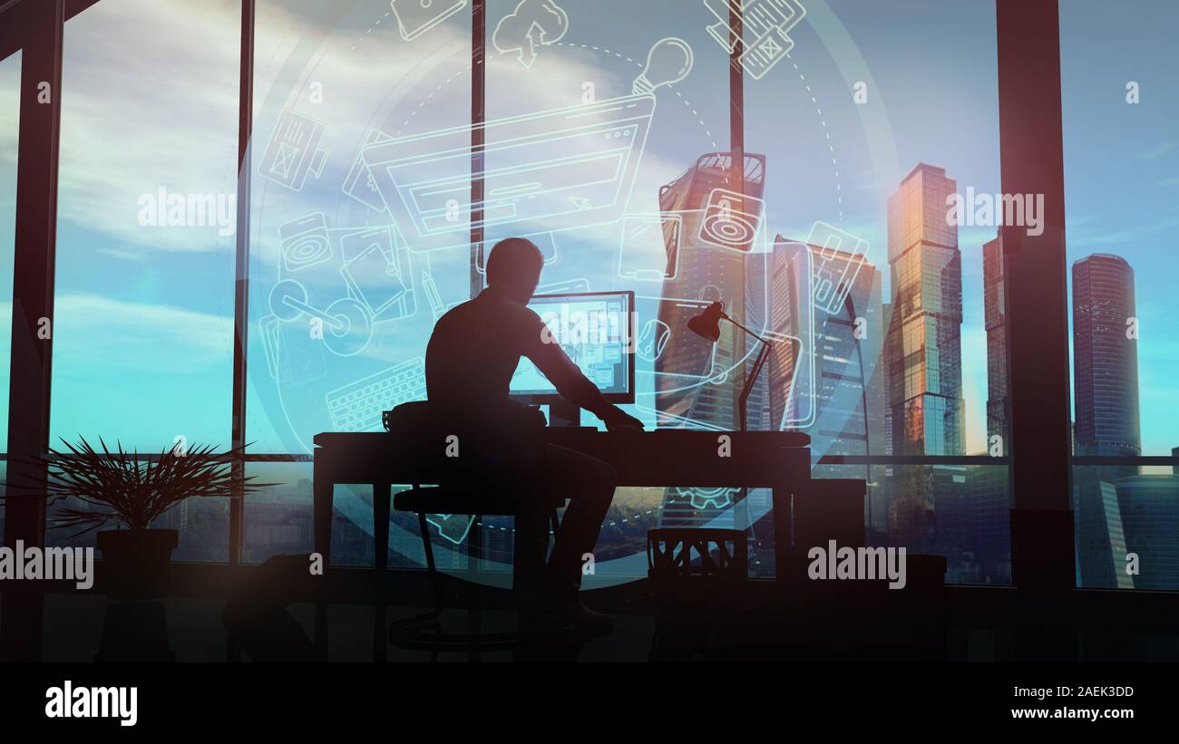 Web designer in his office on infographic background Stock Photo - Alamy