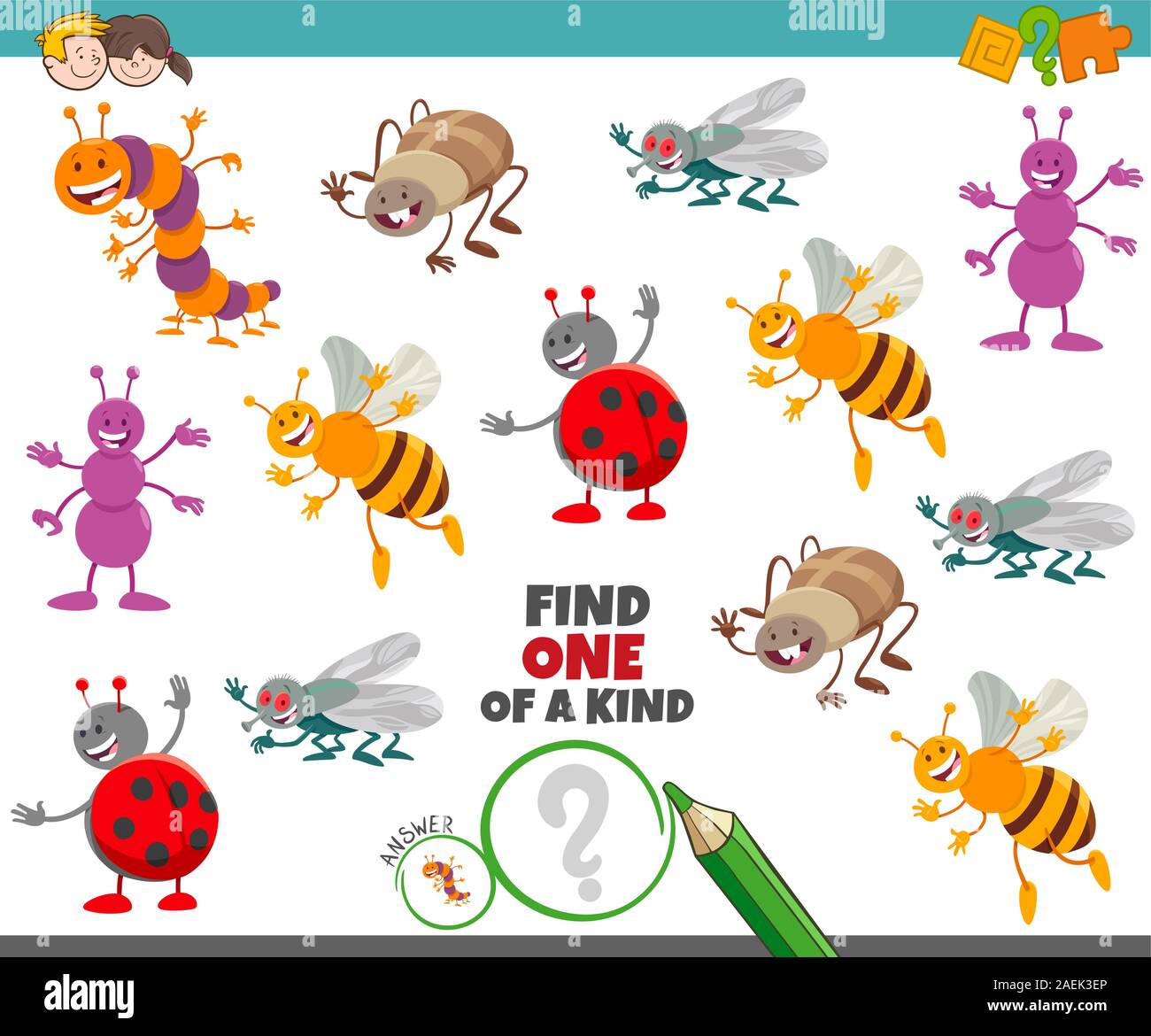 Cartoon Illustration of Find One of a Kind Picture Educational Game ...