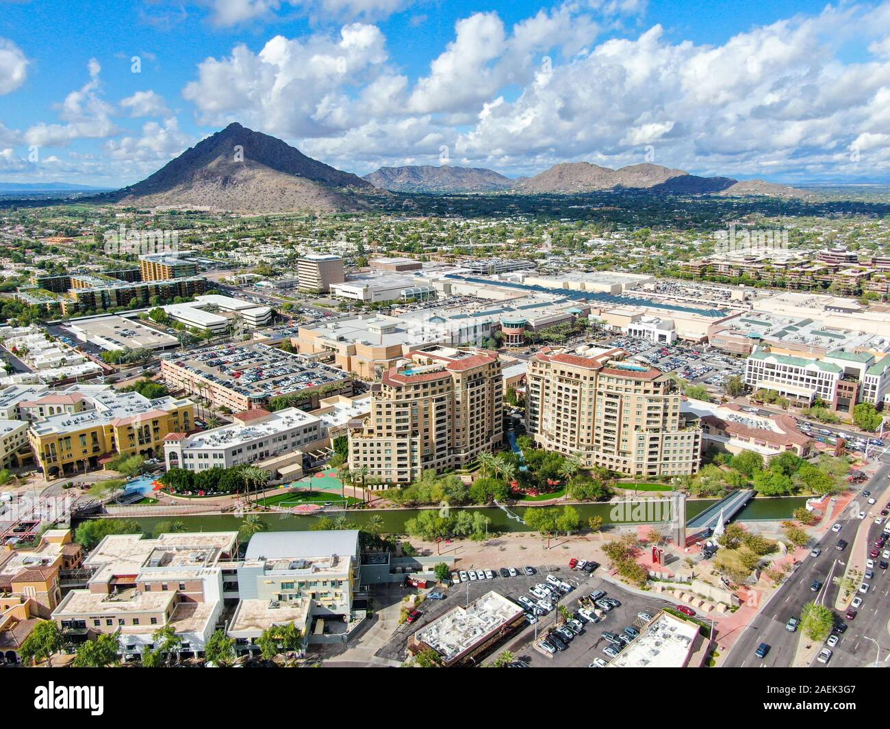 Aerial view of mega shopping mall in Scottsdale, desert city in Arizona ...