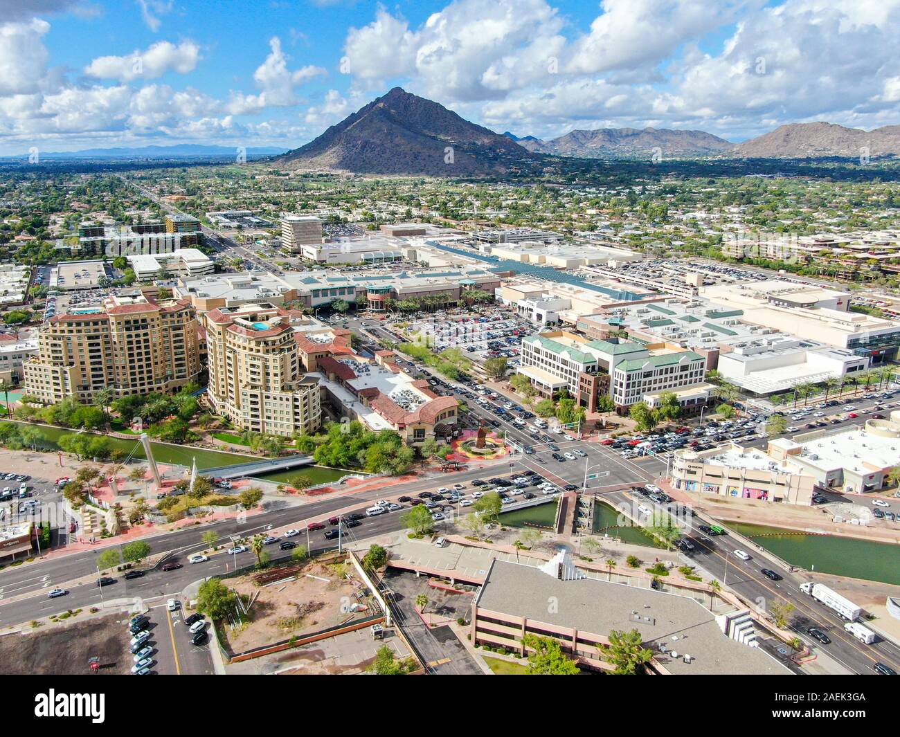 Aerial view of mega shopping mall in Scottsdale, desert city in Arizona ...