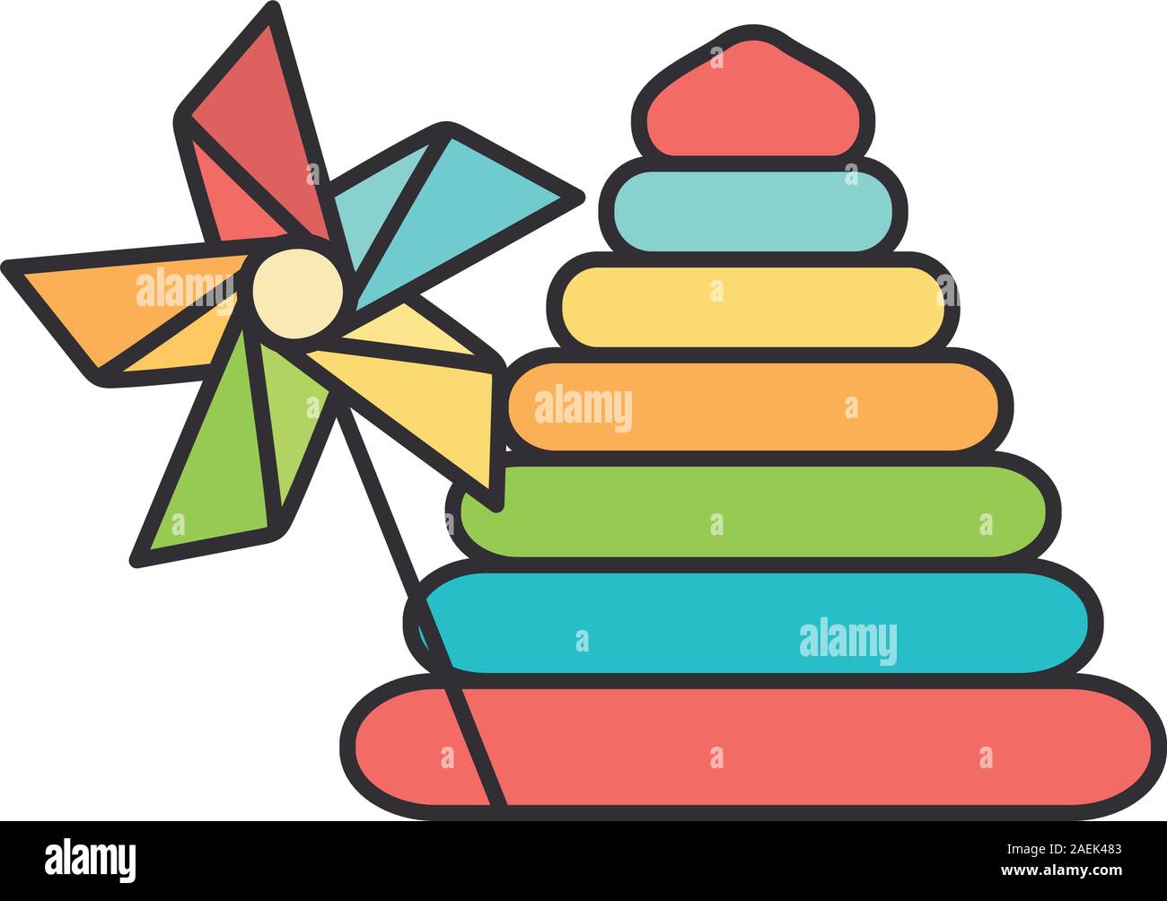 kids toy, rubber pyramid and pinwheel toys on white background vector ...