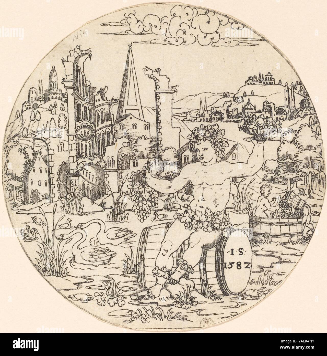 Bacchus Seated in a Landscape, by Master IS, 1582, depicts the god ...