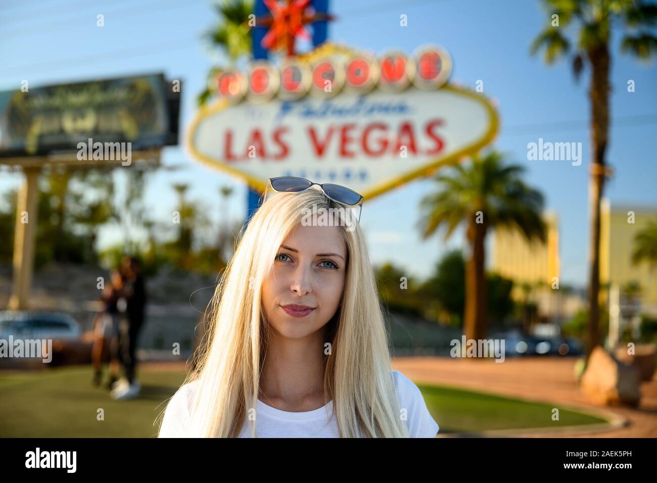 Portrait of a gorgeous blonde woman on the Las Vegas Strip standing ...