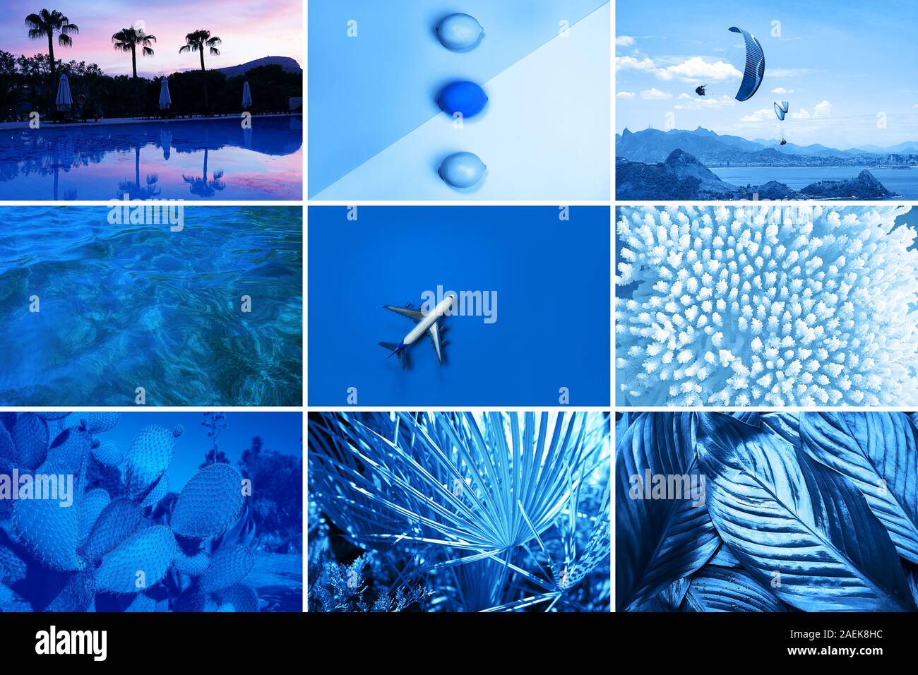 Collage with Classic Blue color of the year 2020. Trend color layout ...
