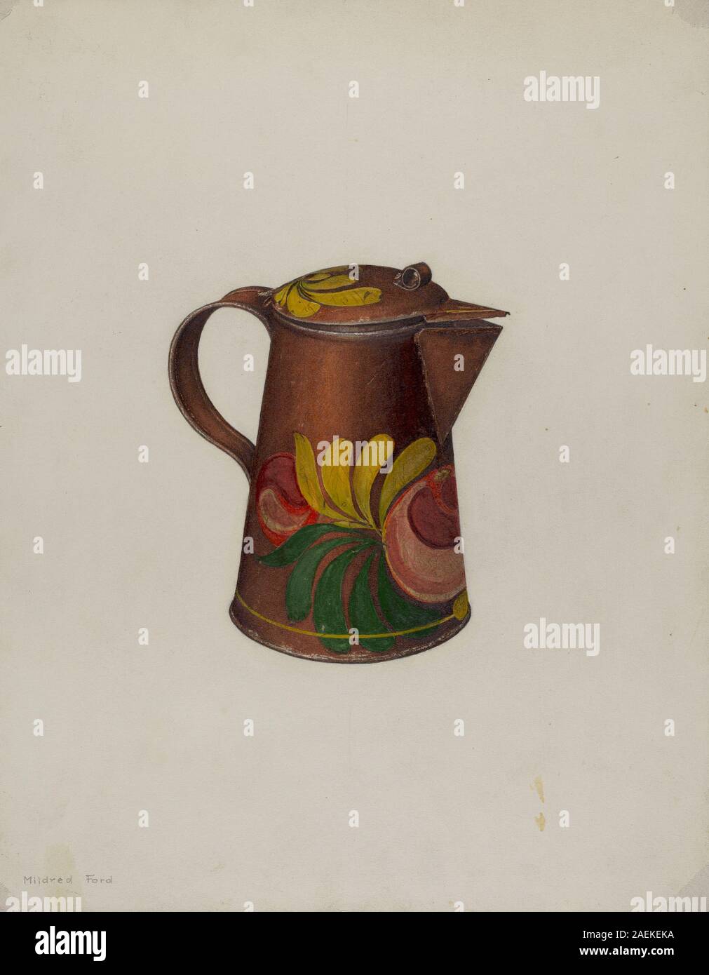 Toleware syrup pot by Mildred Ford around 1941, showing metal ...